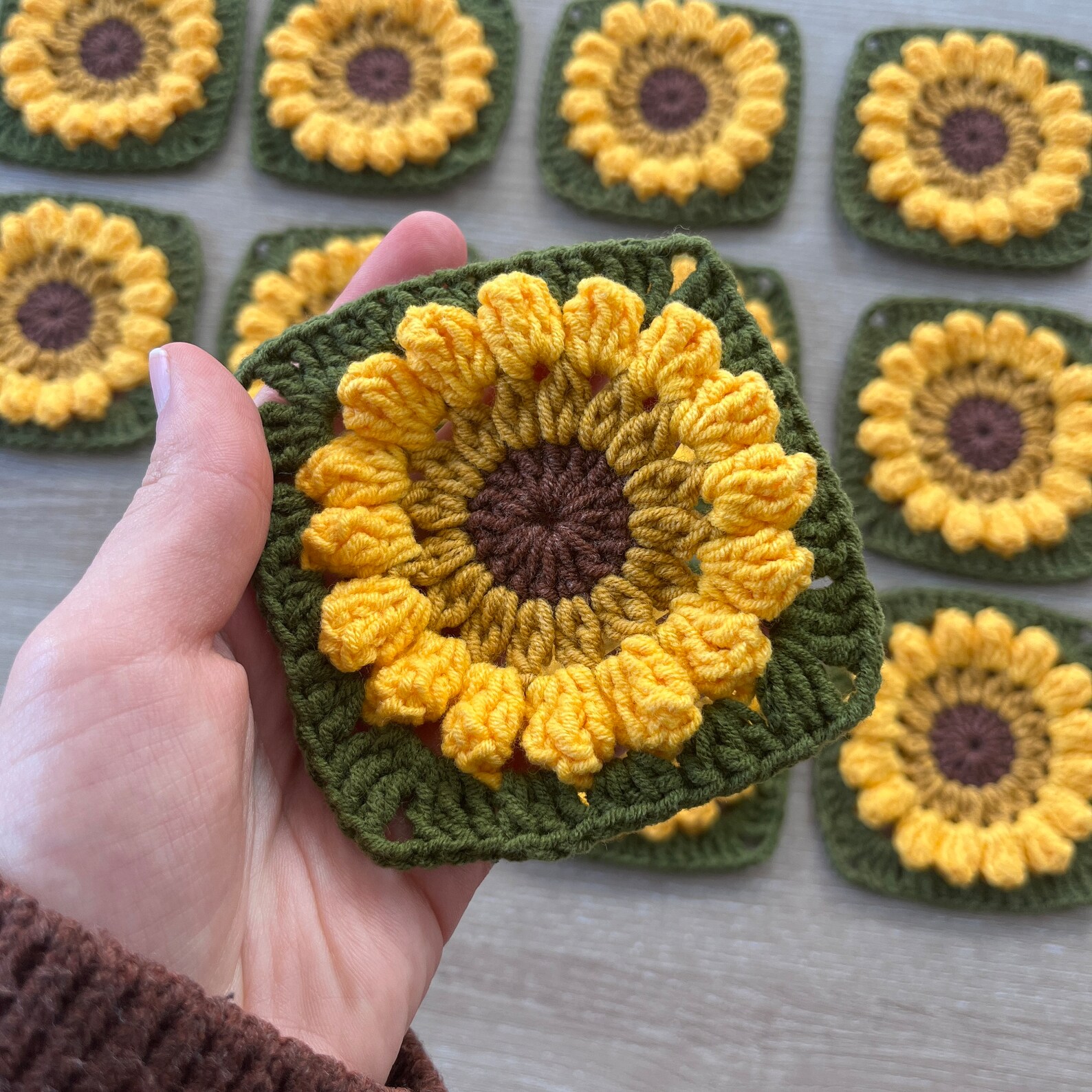 Set of 12 Sunflower Granny Square Kit , Premade Crocheted Sunflower ...