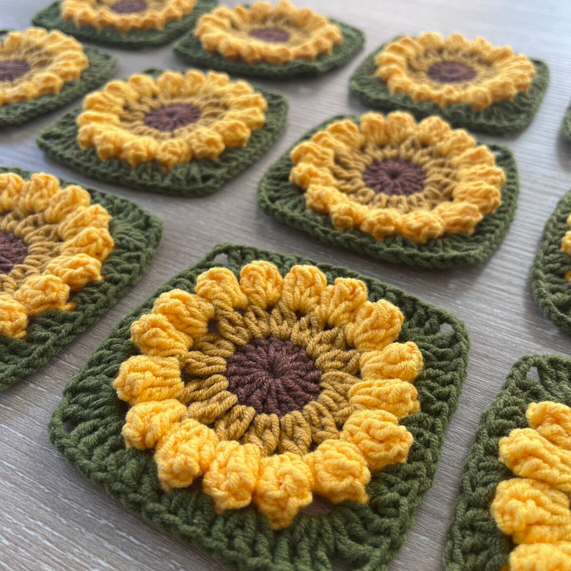 Set of 12 Sunflower Granny Square Kit , Premade Crocheted Sunflower ...