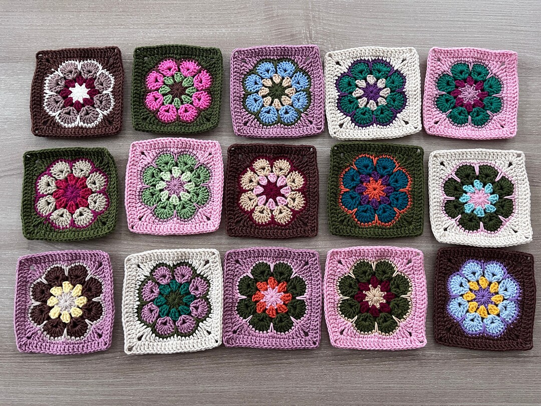 Set of 15 Afghan Granny Square Kit, Premade Crocheted Granny Squares ...