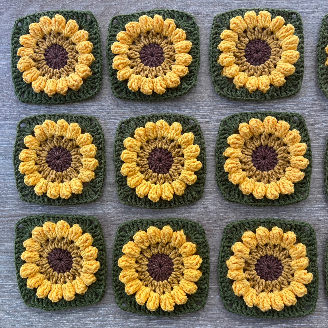 Set of 12 Sunflower Granny Square Kit , Premade Crocheted Sunflower ...