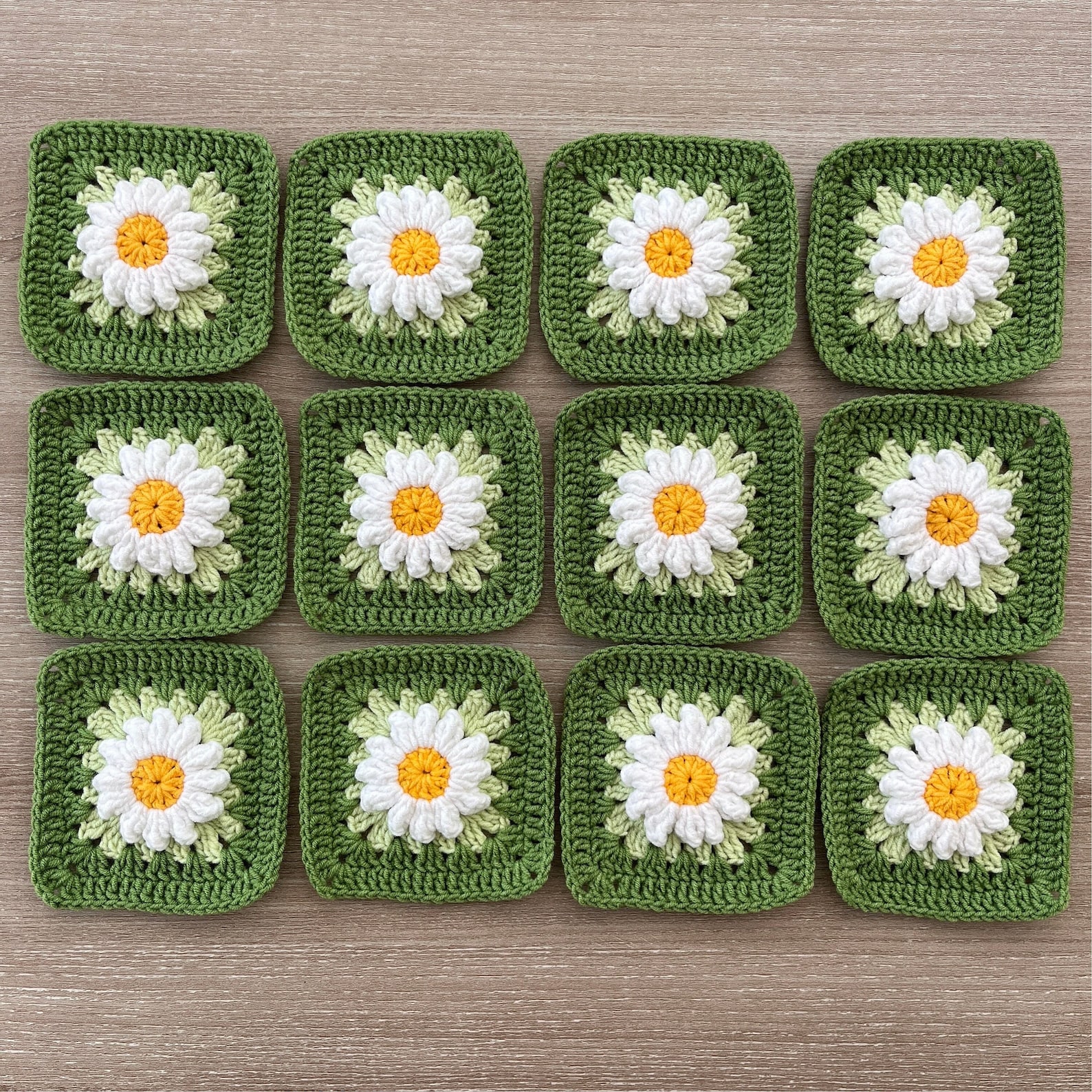 Green Daisy Granny Square Set of 12, Premade Crocheted Daisy Granny ...