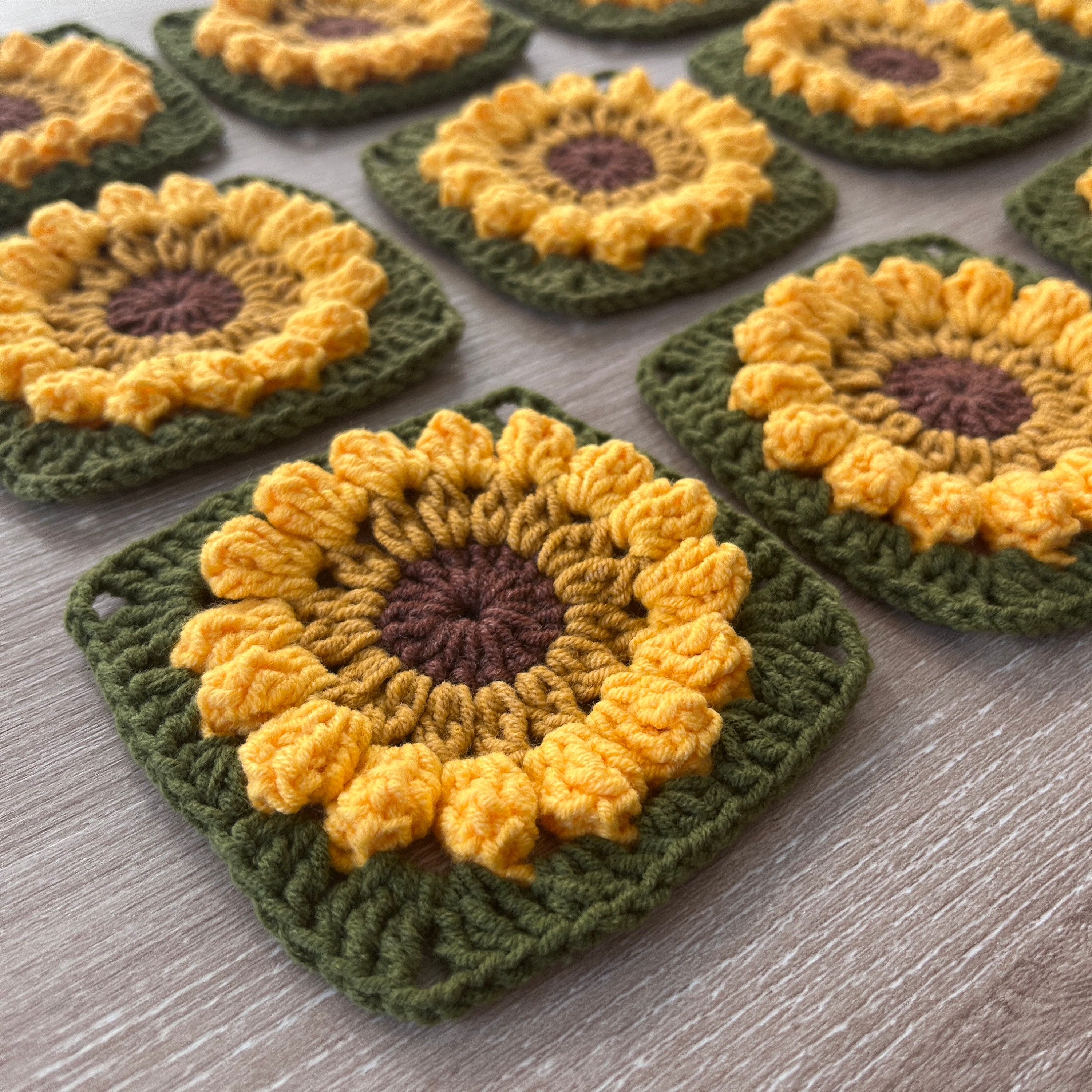 Set of 12 Sunflower Granny Square Kit , Premade Crocheted Sunflower ...
