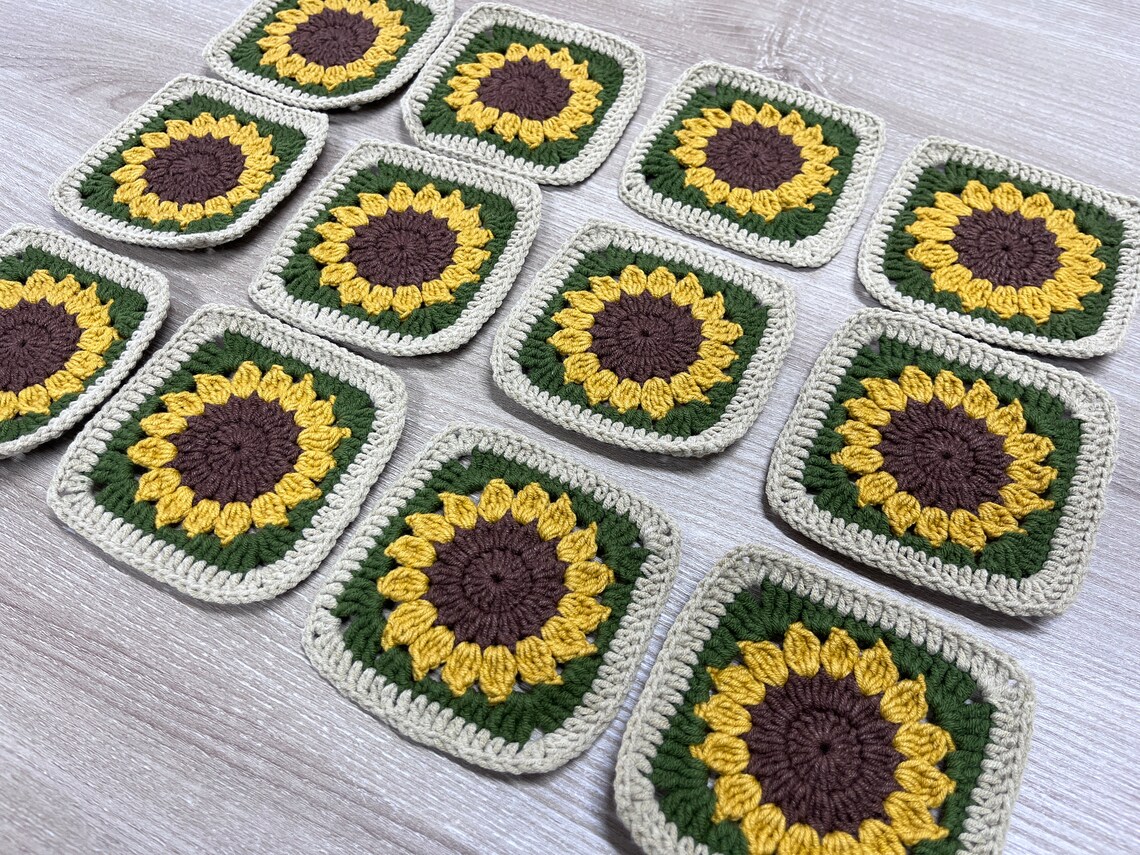 Sunflower Granny Square Kit Set of 12 , Premade Crocheted Sunflower ...
