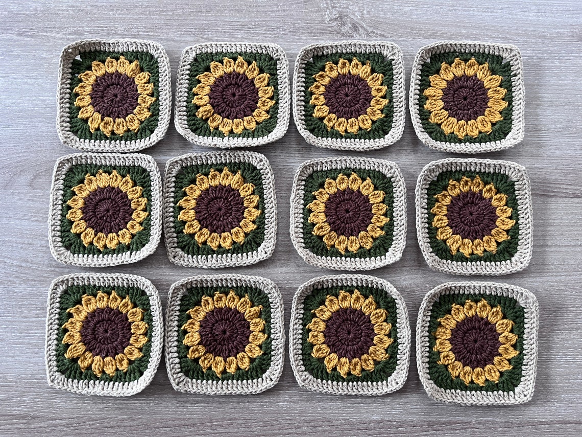 Sunflower Granny Square Kit Set of 12 , Premade Crocheted Sunflower ...