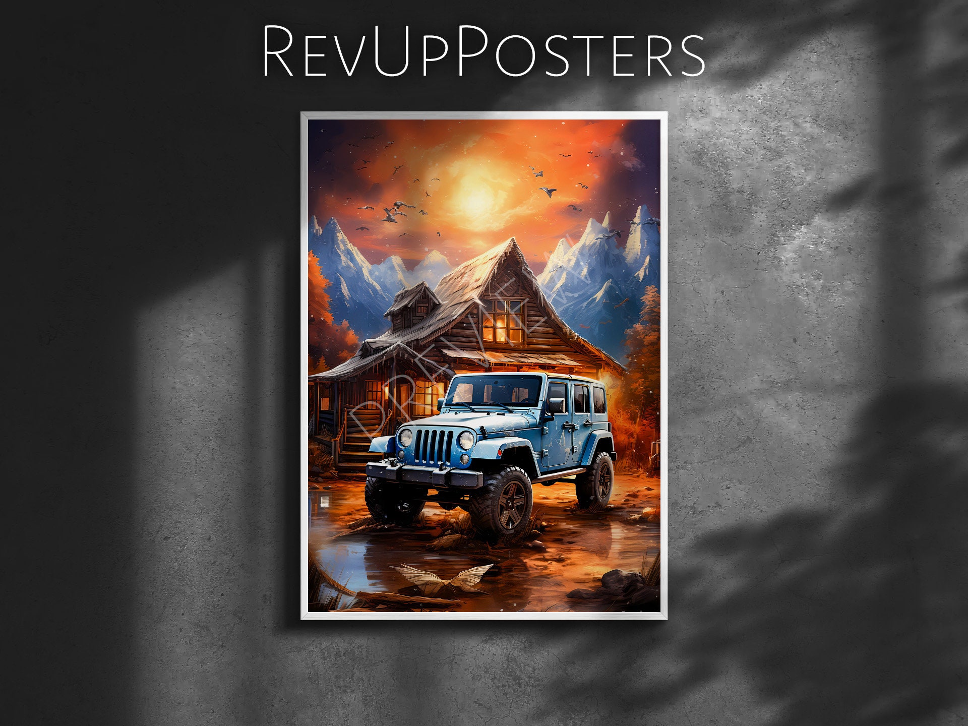 Mountain Retreat and Vehicle Poster, Rustic Cabin & Jeep Art Print, off ...