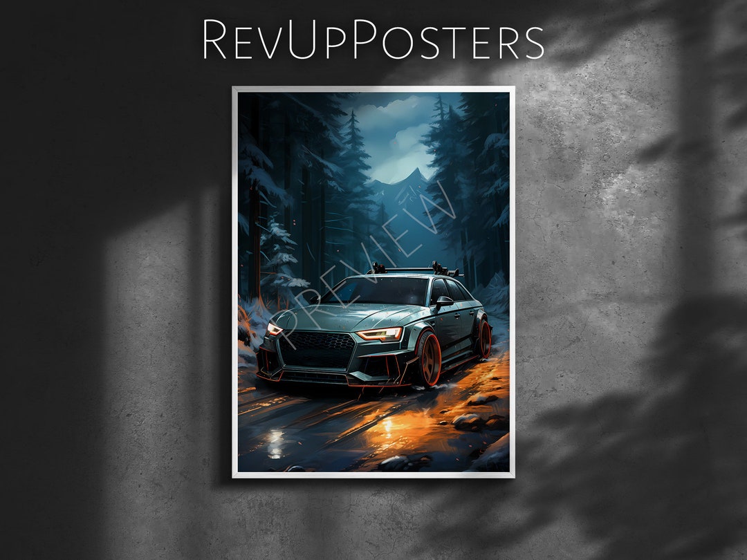 Frosty Forest Rally Poster, Sporty Sedan With Roof Rack on Snowy Path ...