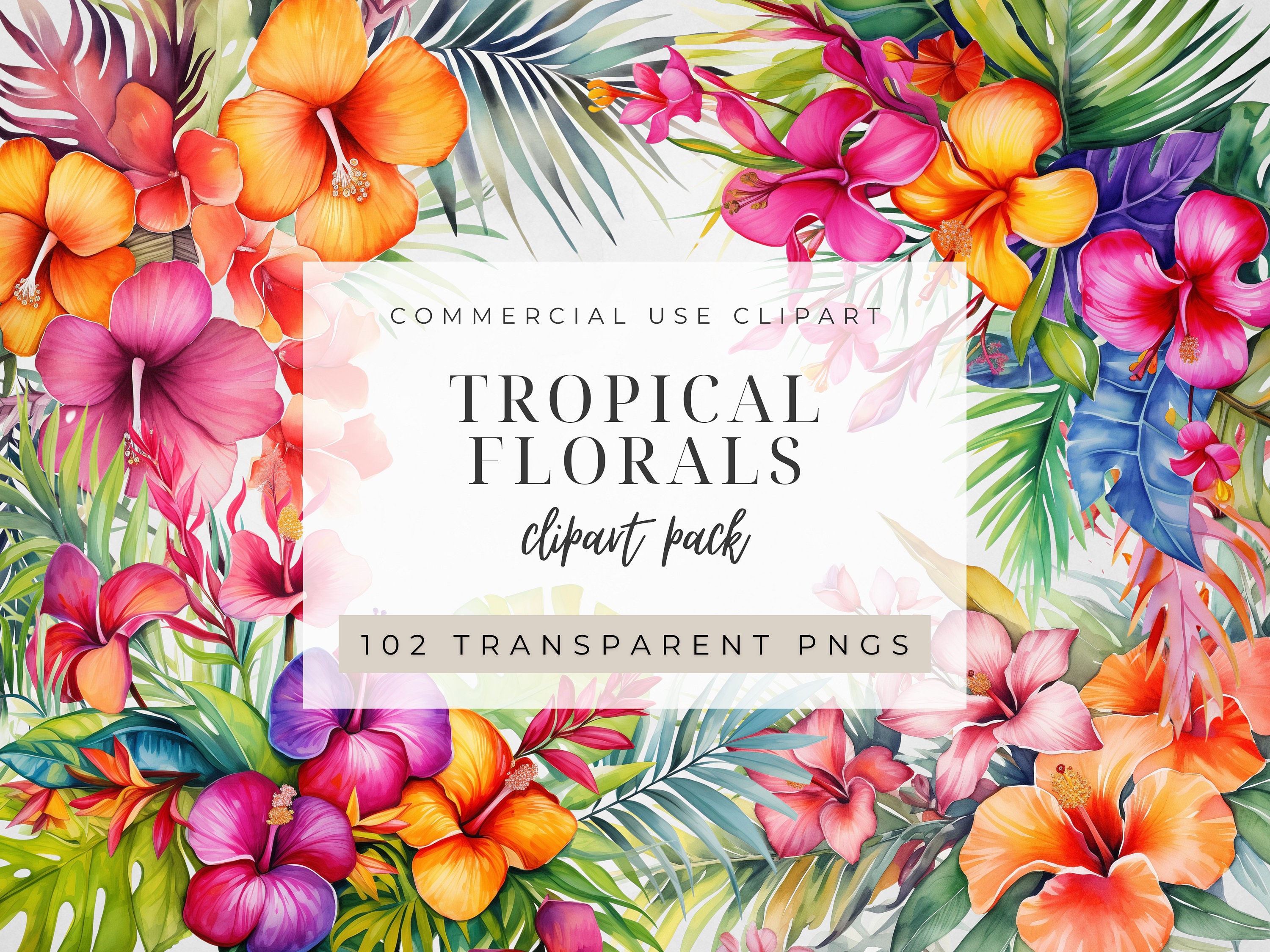 Tropical Flowers, Florals Clip Art Bundle PNG, Bright Flowers, Weddings ...