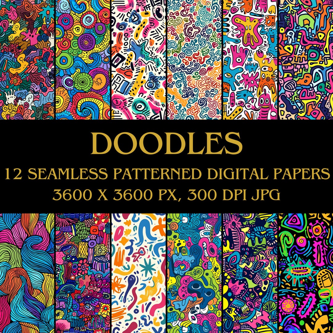 Colorful Doodles Digital Paper, JPG, 12 Patterns, Doodles Pattern ...