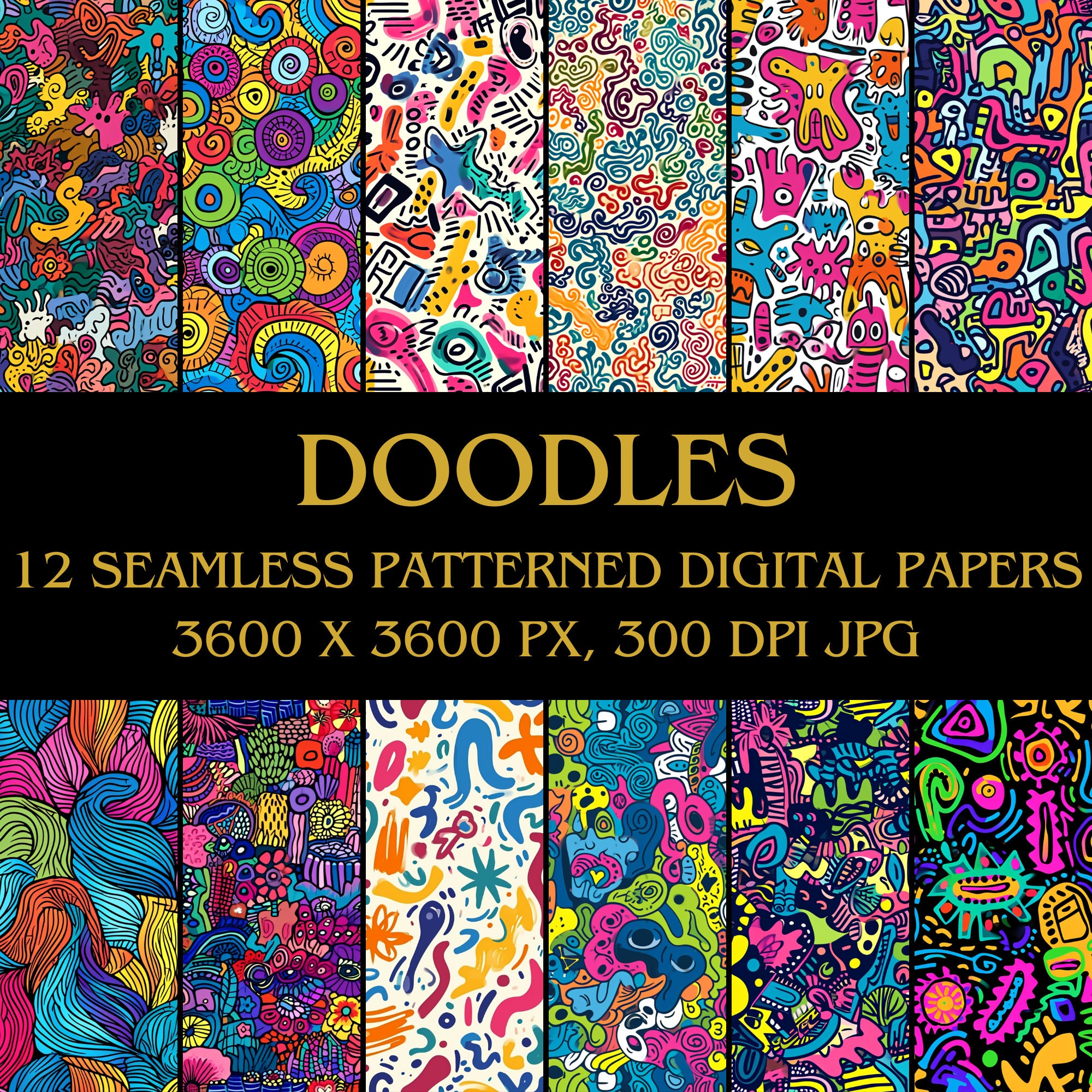 Colorful Doodles Digital Paper, JPG, 12 Patterns, Doodles Pattern ...