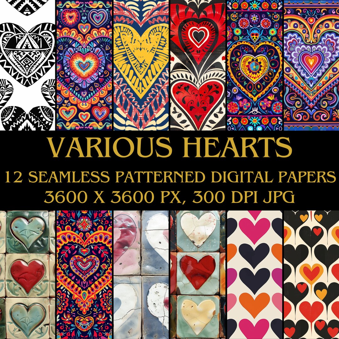 Hearts Pattern Digital Paper, JPG, 12 Patterns, Heart Pattern, Heart ...