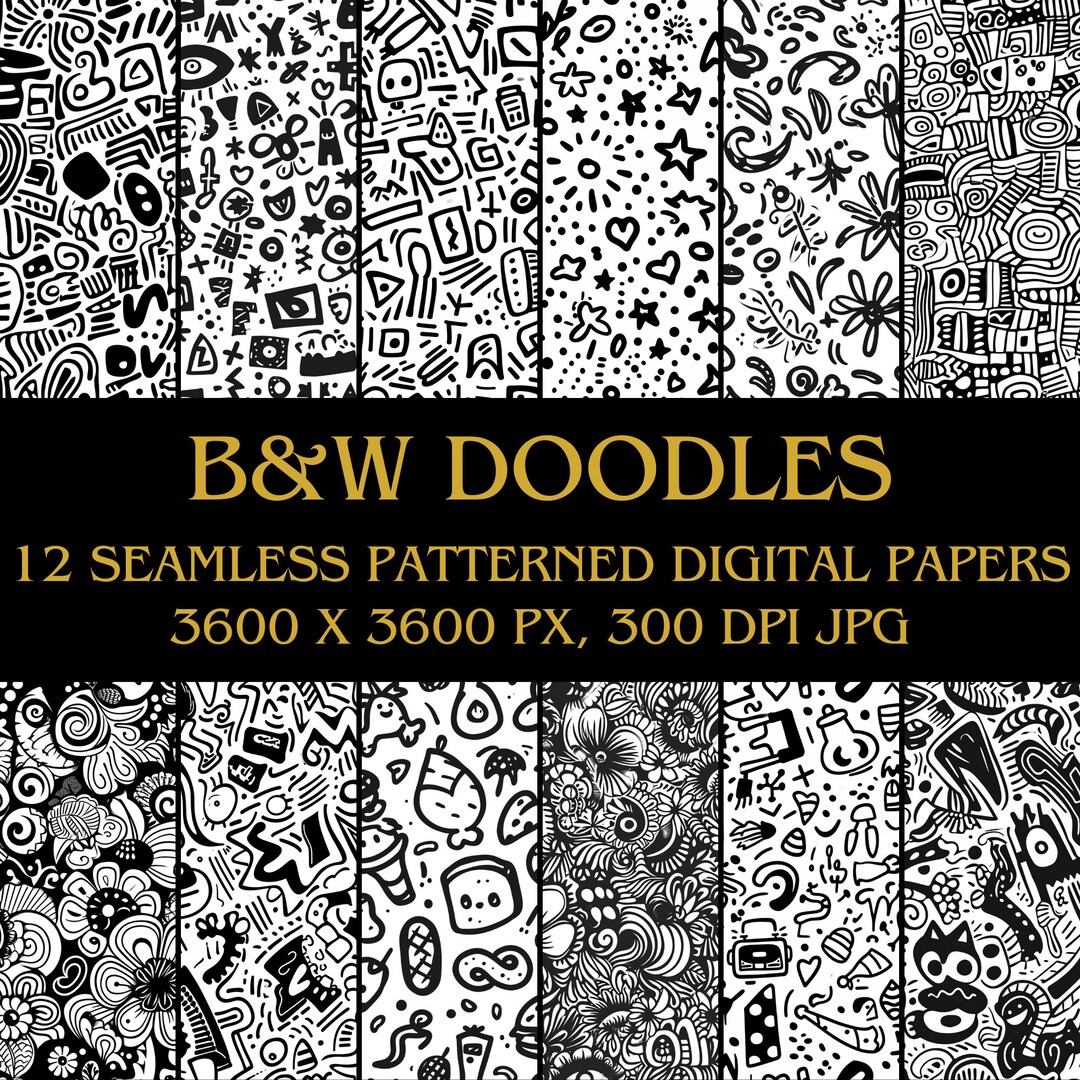 Black and White Doodles Digital Paper, JPG, 12 Patterns, Doodles ...