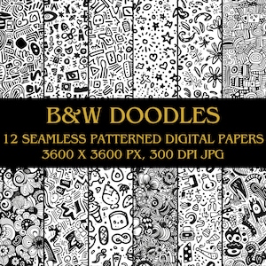 Black and White Doodles Digital Paper, JPG, 12 Patterns, Doodles ...