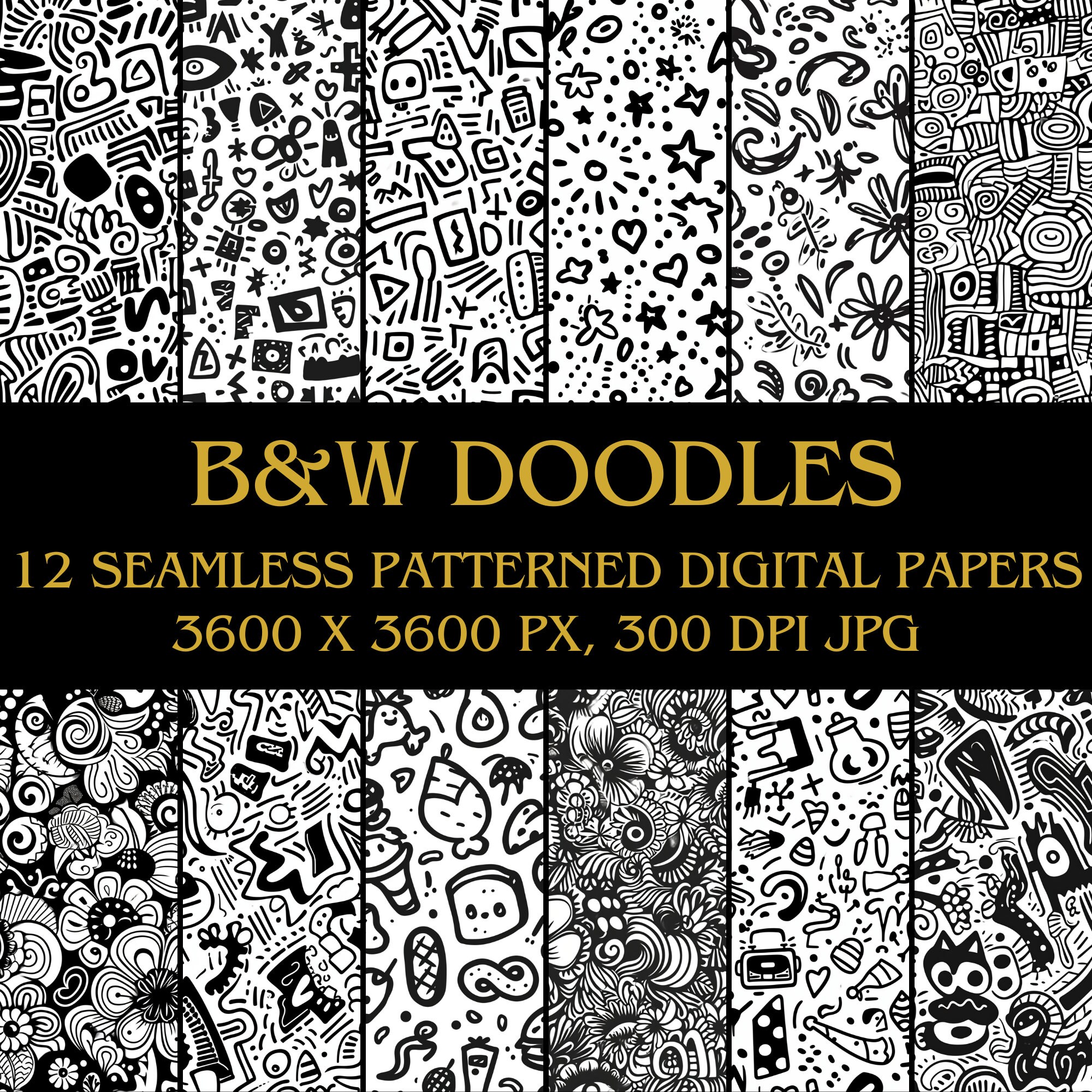 Black and White Doodles Digital Paper, JPG, 12 Patterns, Doodles ...