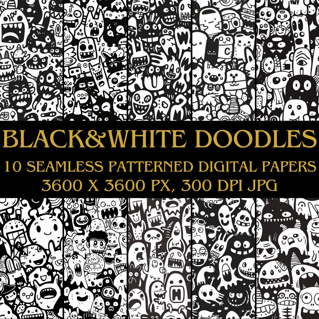 Black and White Doodles Digital Paper, JPG, 12 Patterns, Doodles ...