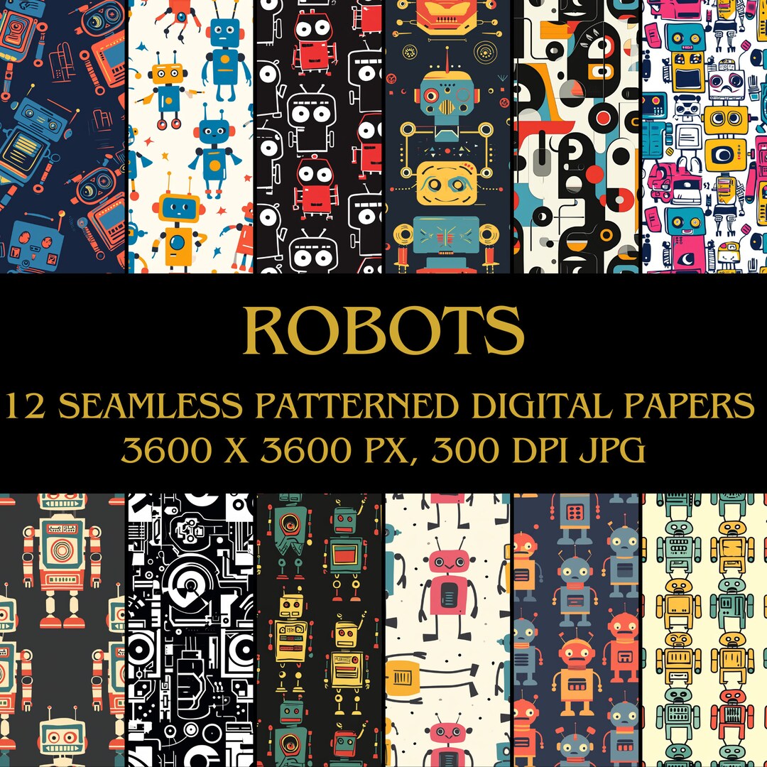 Robot Pattern Digital Paper, JPG, 12 Patterns, Robots Pattern, Robot ...