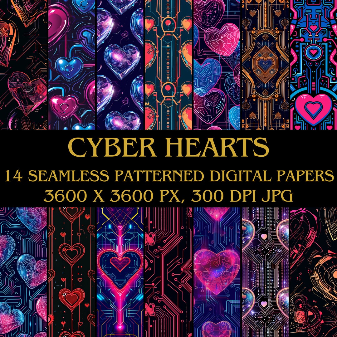 Cyber Hearts Digital Paper, JPG, 14 Patterns, Cybernetic Hearts Pattern ...