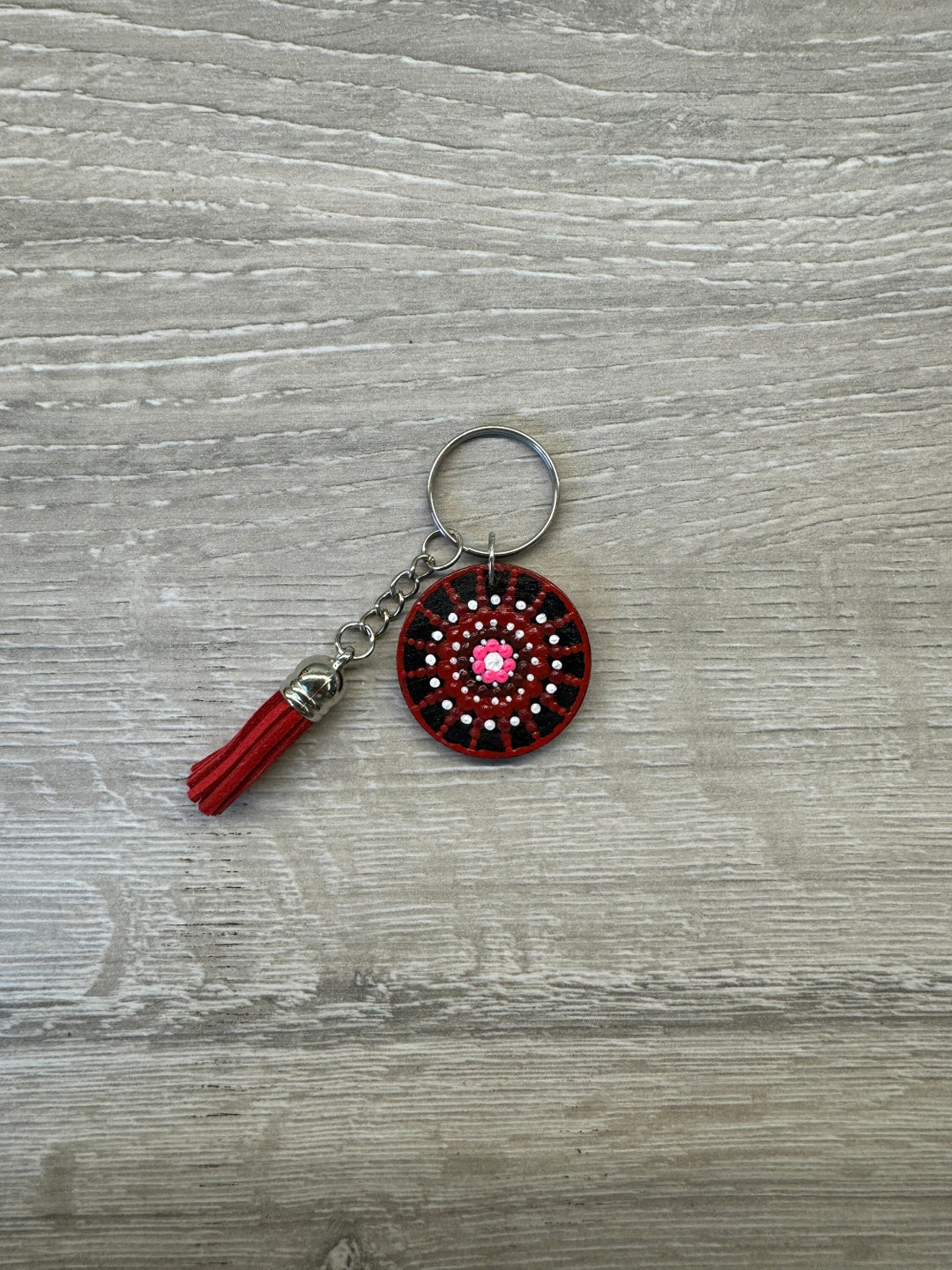 Hand Painted Red Mandala Dotted Keyring - Etsy