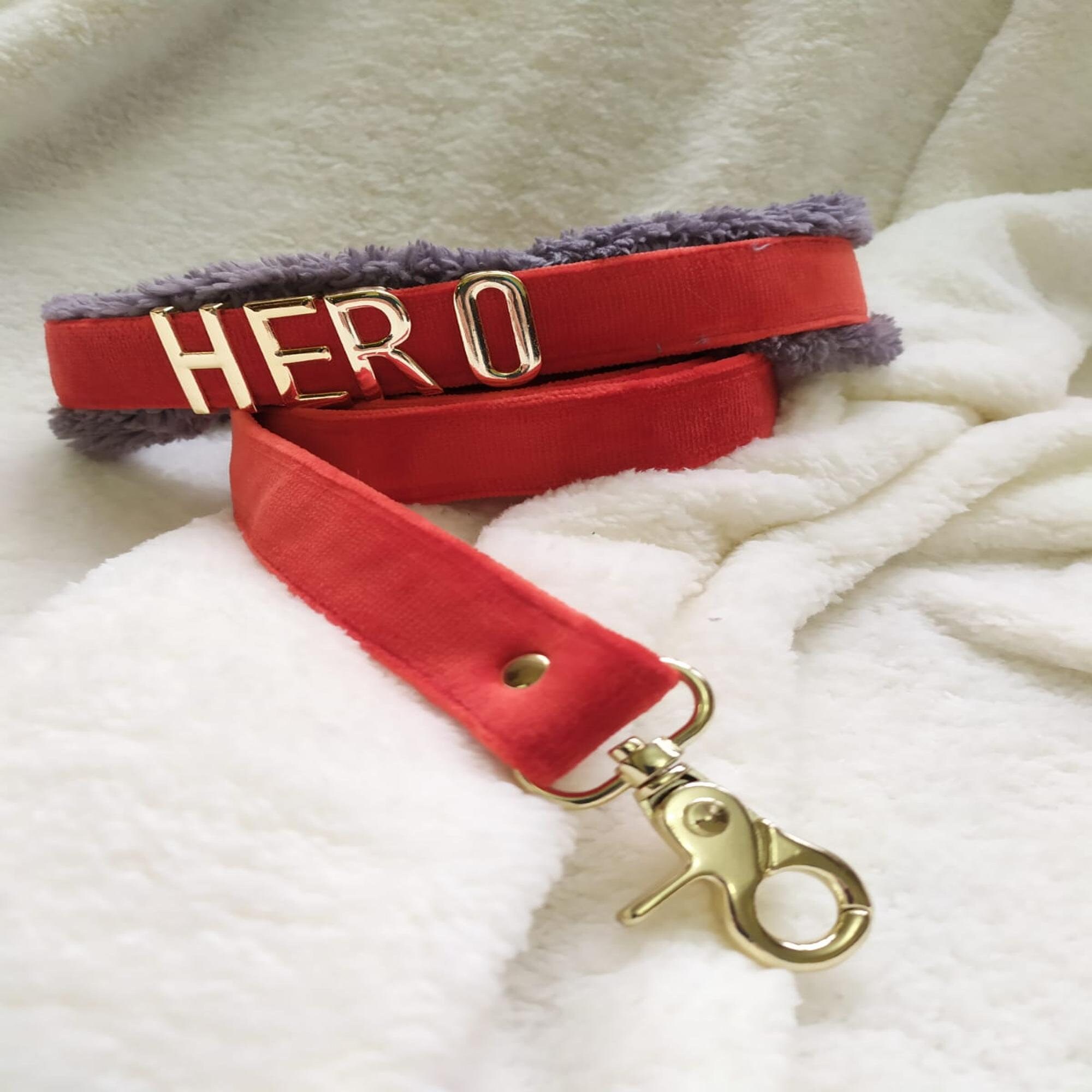 Red Personalized Dog Collar, Gold Letter Plush Personalized Collar ...