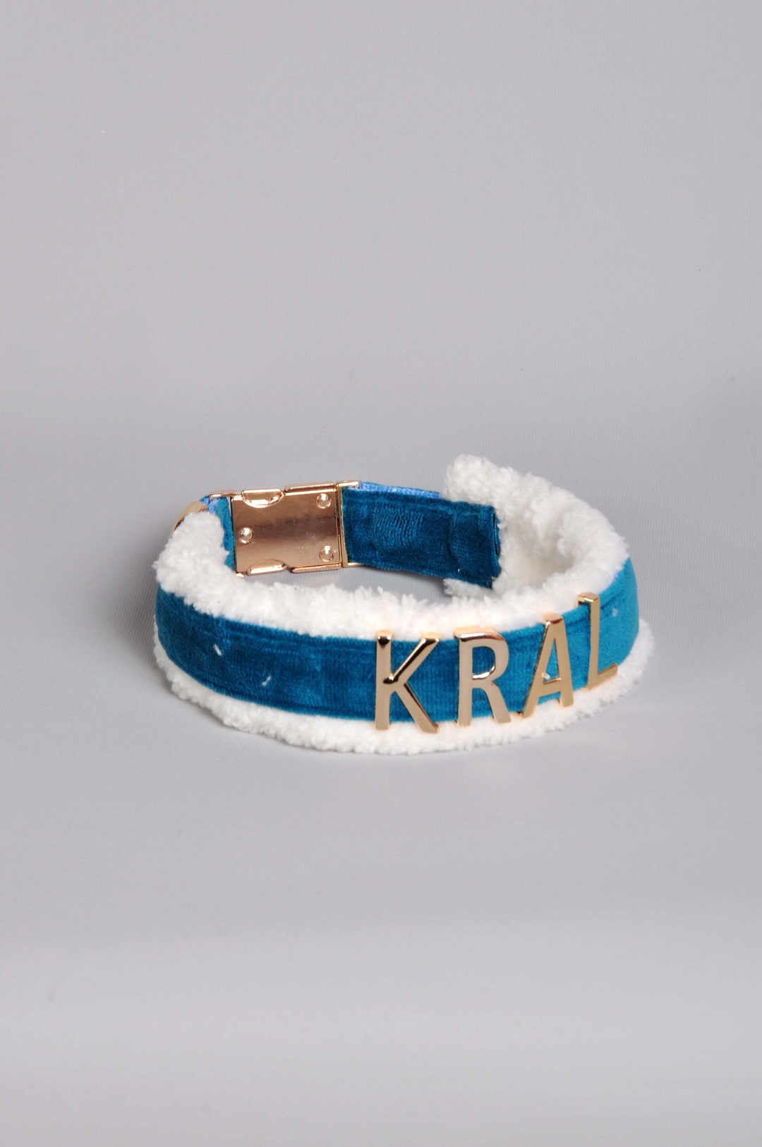 Blue Velvet Plush Personalized Dog Collar With Gold Metal Letter Name ...