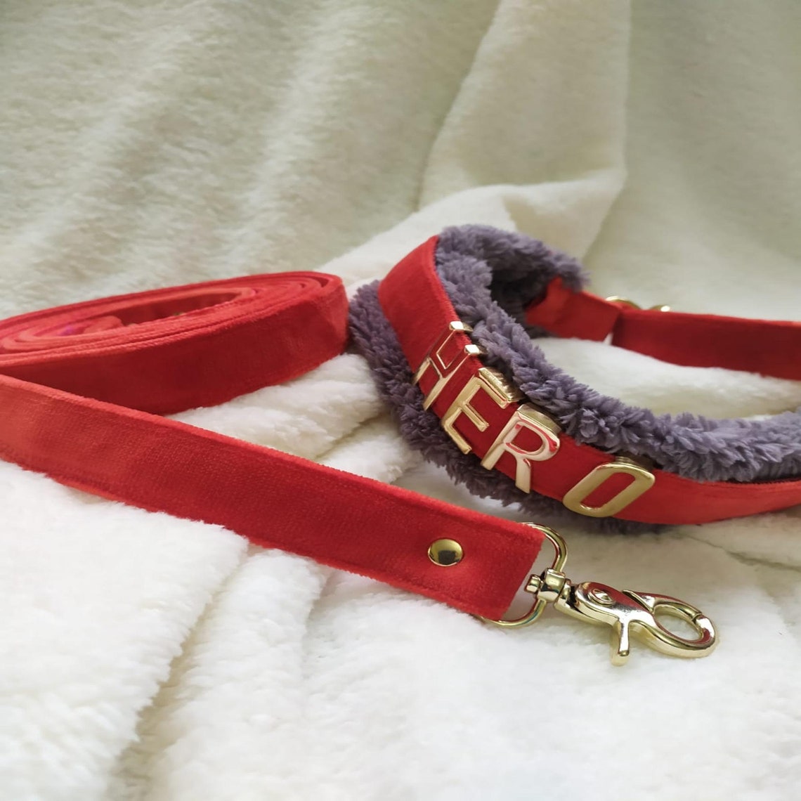 Red Personalized Dog Collar, Gold Letter Plush Personalized Collar ...
