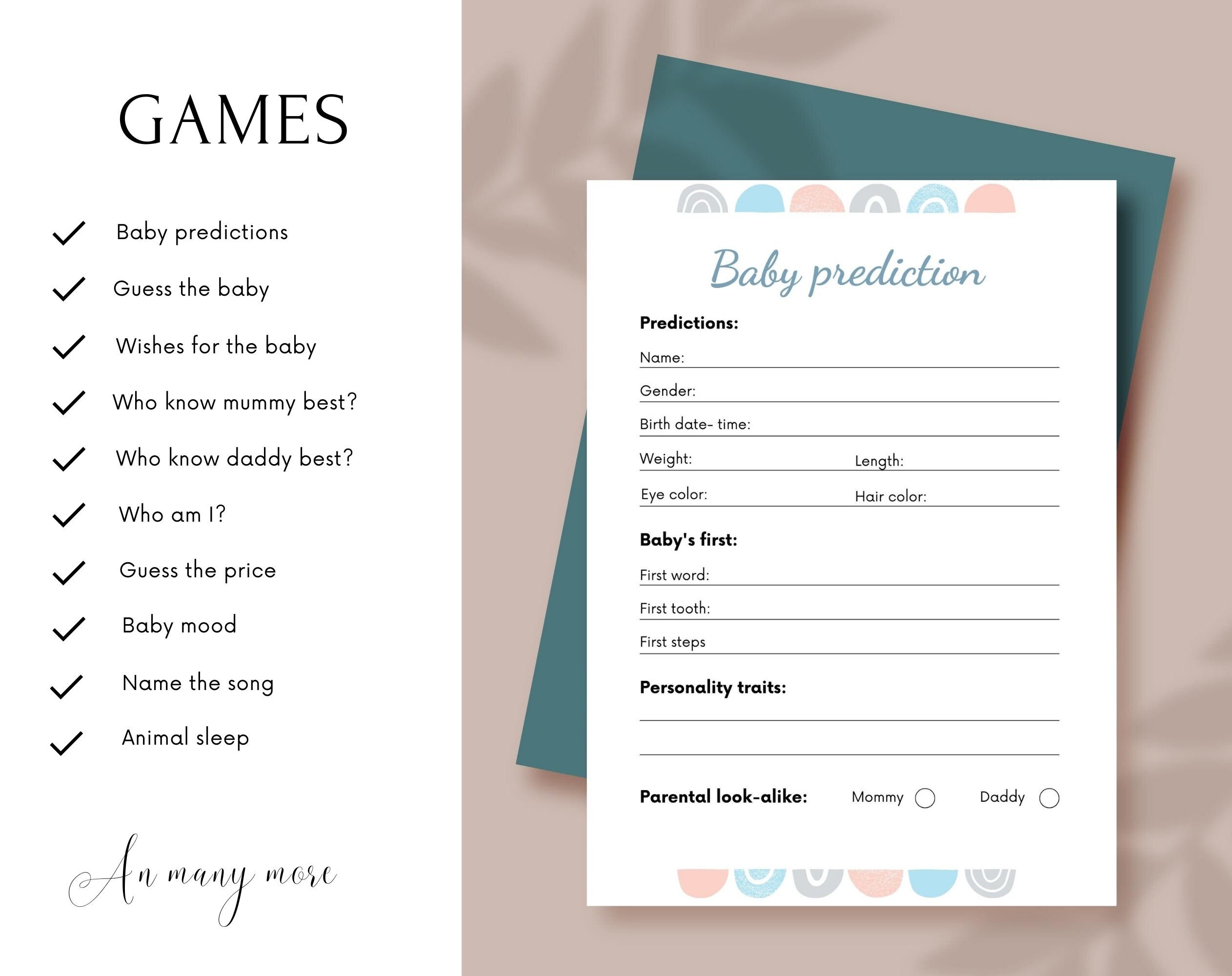 26x Babyshower Fun Printable Games | Gender Neutral Baby Predictions ...