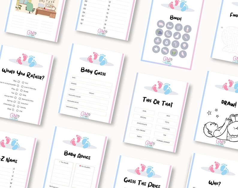 22x Gender Reveal Fun Printable Games Gender Neutral Game Cards Baby ...