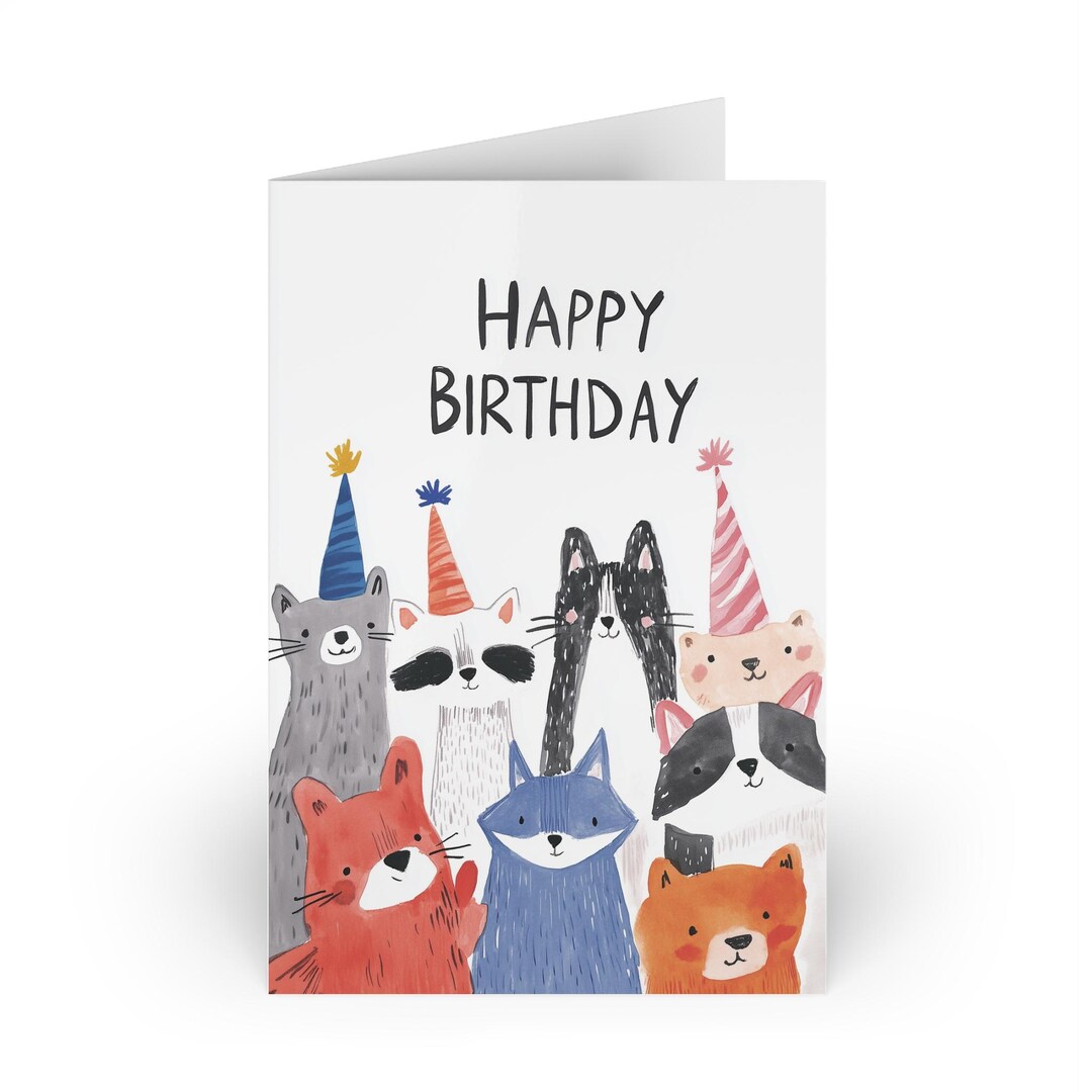 Greeting Cards, Cute Party Animals Birthday Celebration Card, Dogs Cats ...