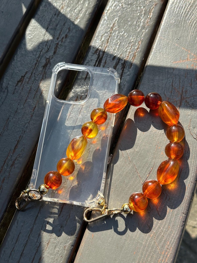 Handcrafted Amber Glass Bead Phone Strap Elegant Transparent Case With ...
