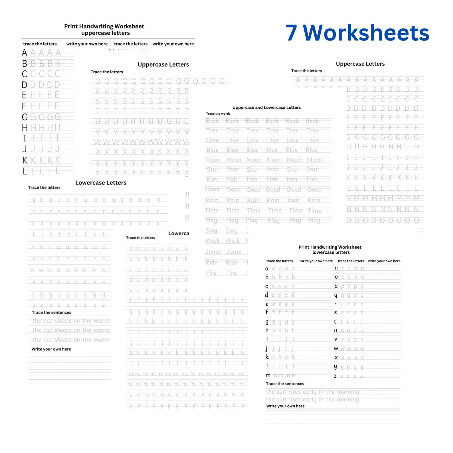 Printable Handwriting Worksheets – 7 Pages | Letter, Word, and Sentence ...