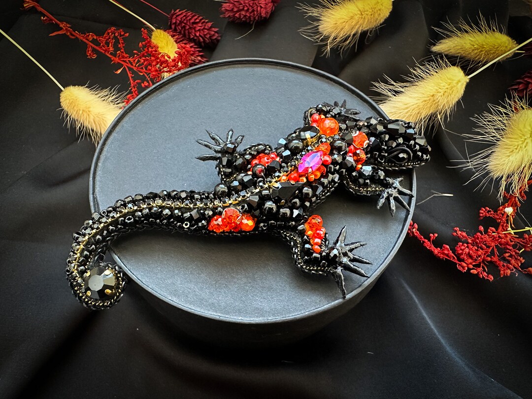 Black Lizard Salamander Brooch Handmade Beaded Insect Jewelry Colorful ...