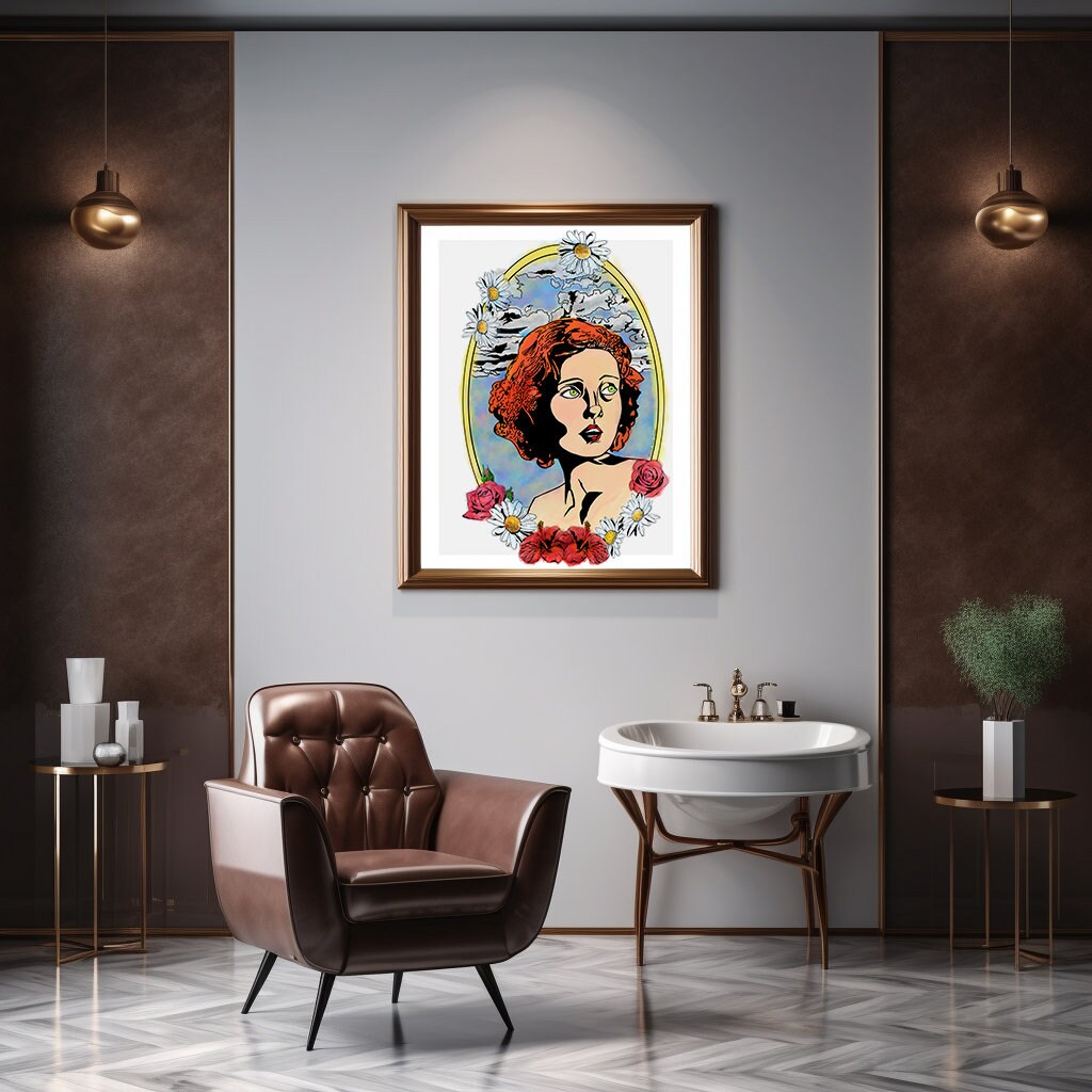 DIGITAL DRAWING ART - Girl in Flower Frame Wall Art, Wall Art Digital ...