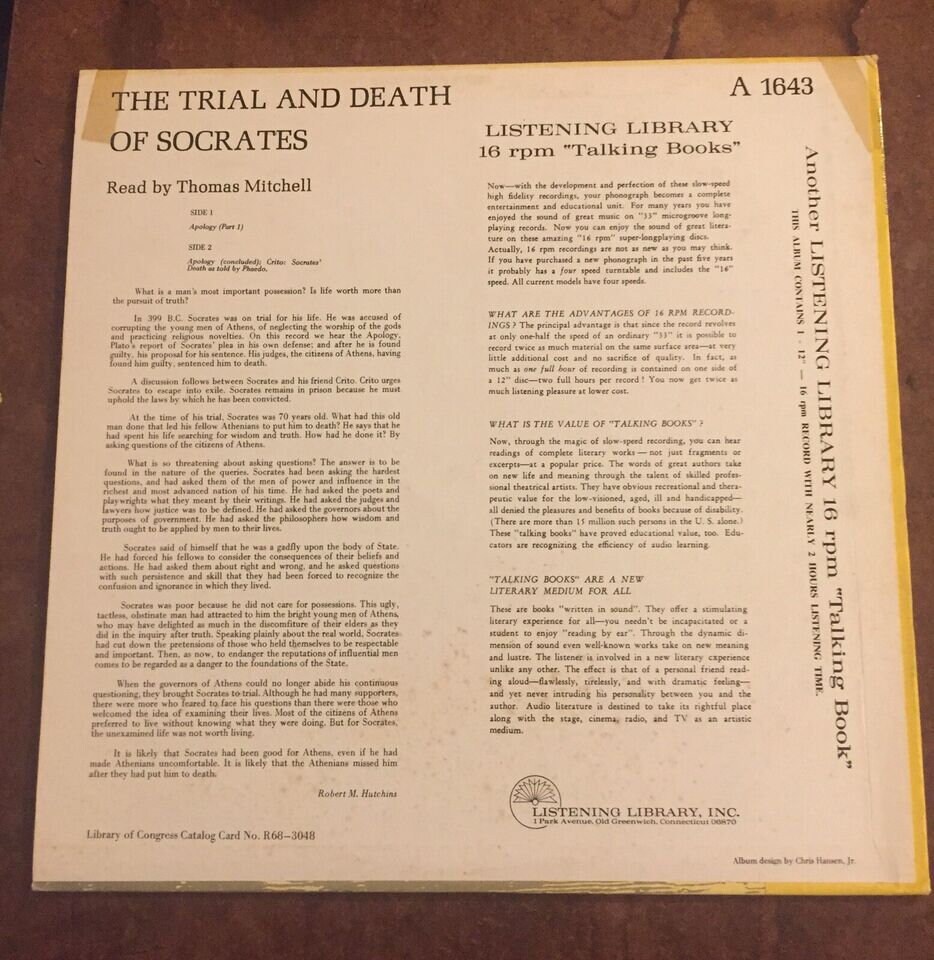 The Trial and Death of Socrates Thomas Mitchell 16 RPM Vinyl Listening ...