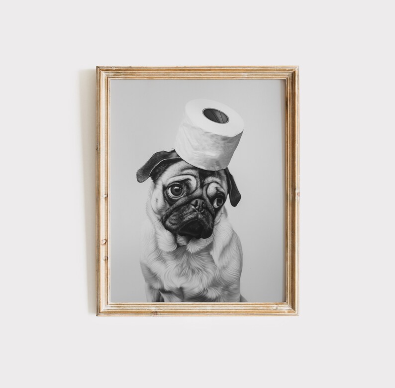 Pug Bathroom Wall Art Funny Dog Toilet Paper Print Black White Pet ...