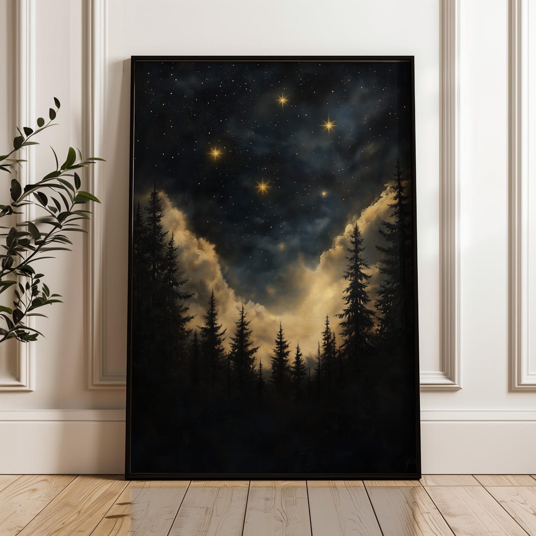 Celestial Starry Night Print – Forest, Gold Accents, Dark Academia ...