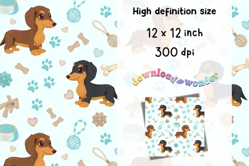 Dachshund Seamless Pattern, Dog Bone Paw Print Fabric Design (digital ...