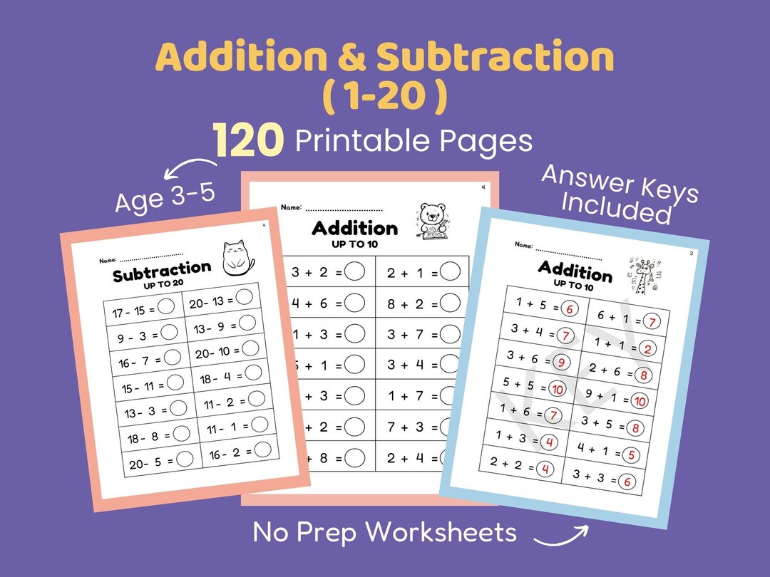 Addition & Subtraction Worksheets 1–20 Bundle – Preschool Kindergarten ...