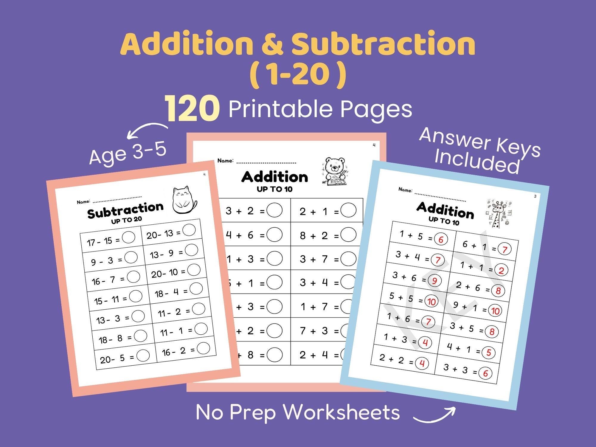 Addition & Subtraction Worksheets 1–20 Bundle – Preschool Kindergarten ...