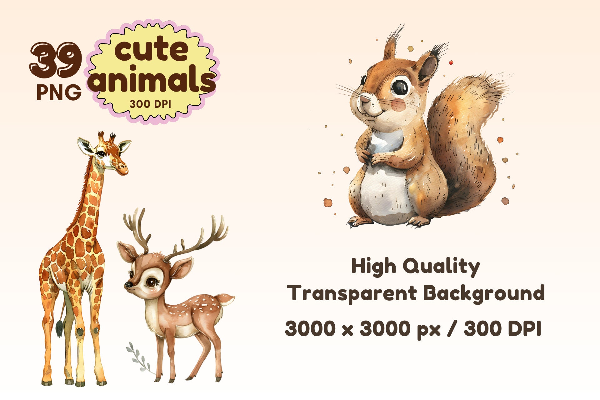 Cute Animal Clipart, 39 PNG Illustrations, Commercial Use (digital ...