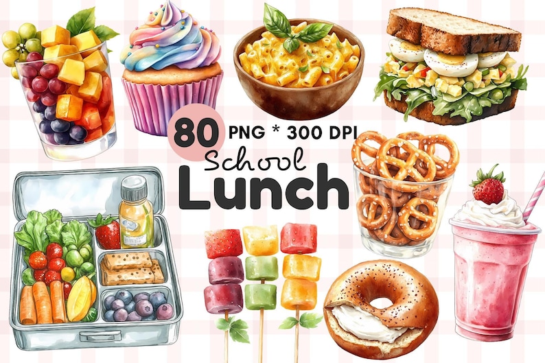 Imágenes prediseñadas de almuerzo escolar en acuarela, descarga de cafetería, decoración de ...