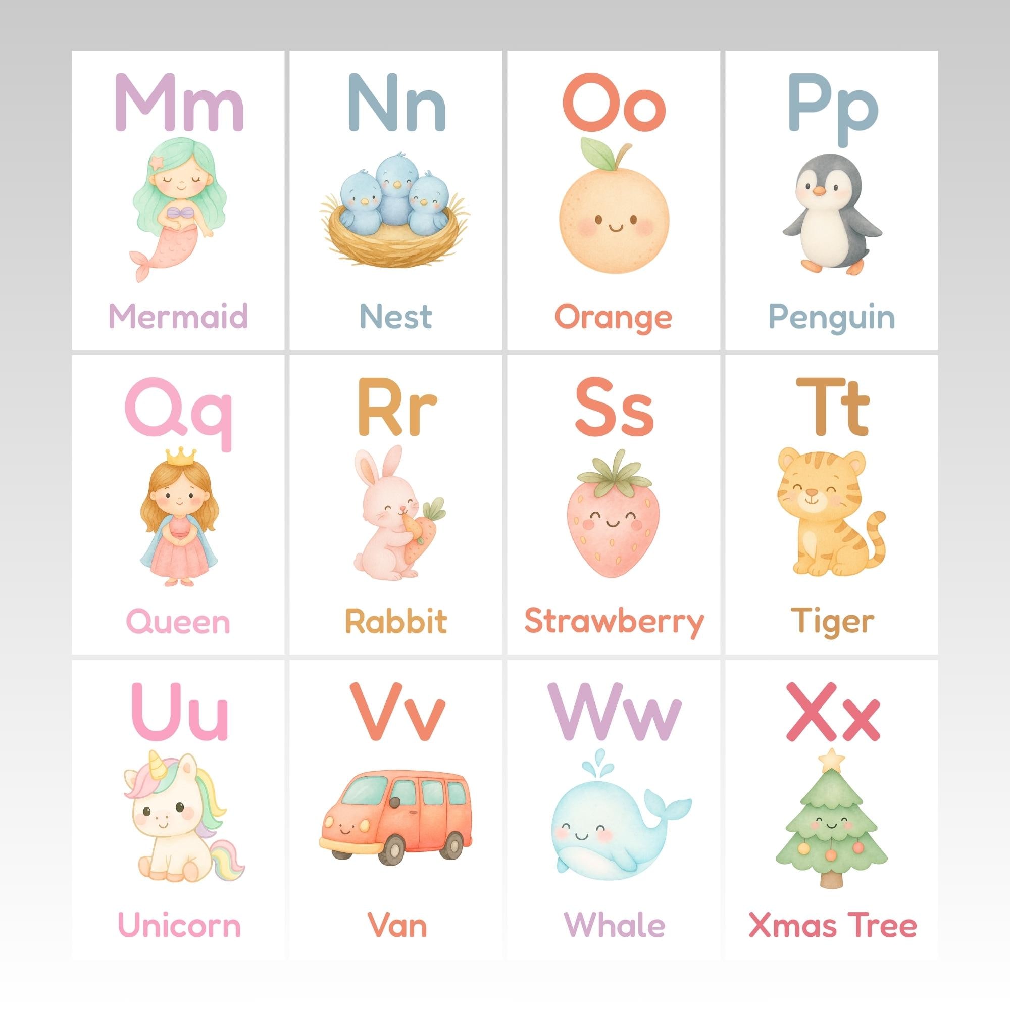 Pastel ABC Flashcards, Kawaii Alphabet With Illustrations, Digital ...