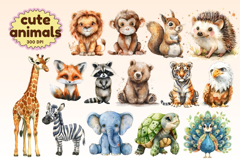 Cute Animal Clipart, 39 PNG Illustrations, Commercial Use (digital ...