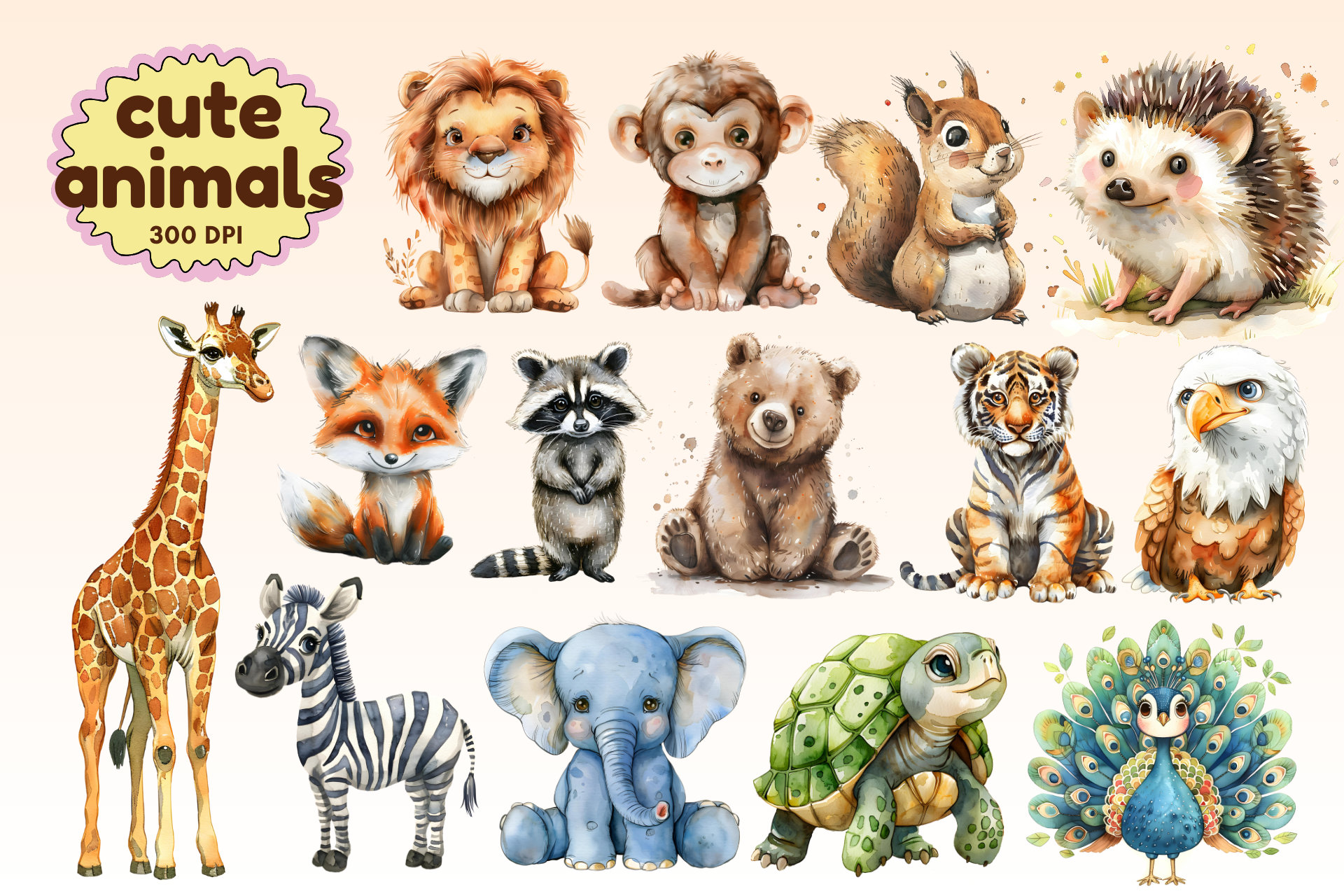 Cute Animal Clipart, 39 PNG Illustrations, Commercial Use (digital ...