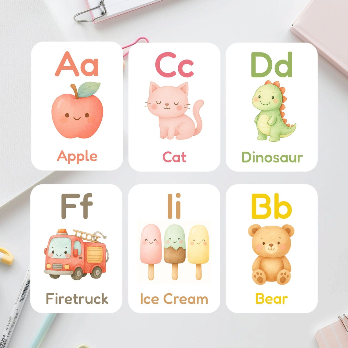Pastel ABC Flashcards, Kawaii Alphabet With Illustrations, Digital ...