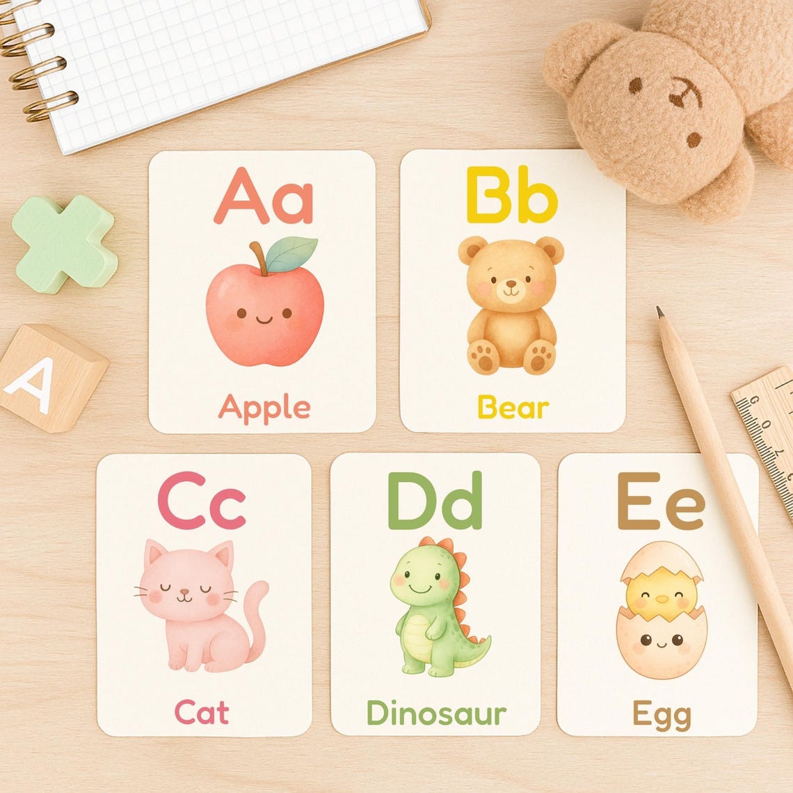 Pastel ABC Flashcards, Kawaii Alphabet With Illustrations, Digital ...