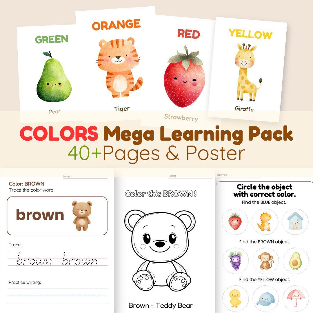Color Mega Learning Pack for Kids – 40+ Pages | Flashcards, Worksheets ...