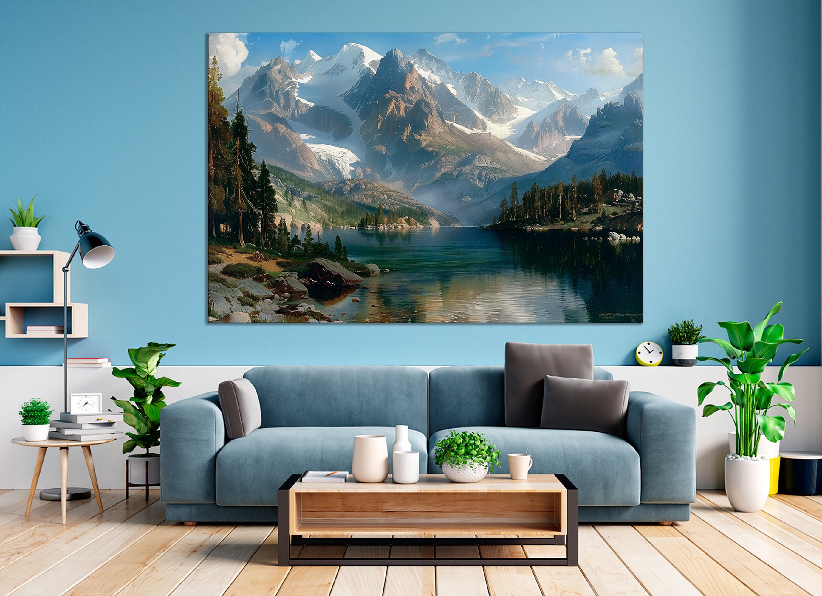 Great Blue Mountain Lake Landscape Illustration Canvas Print Coniferous ...