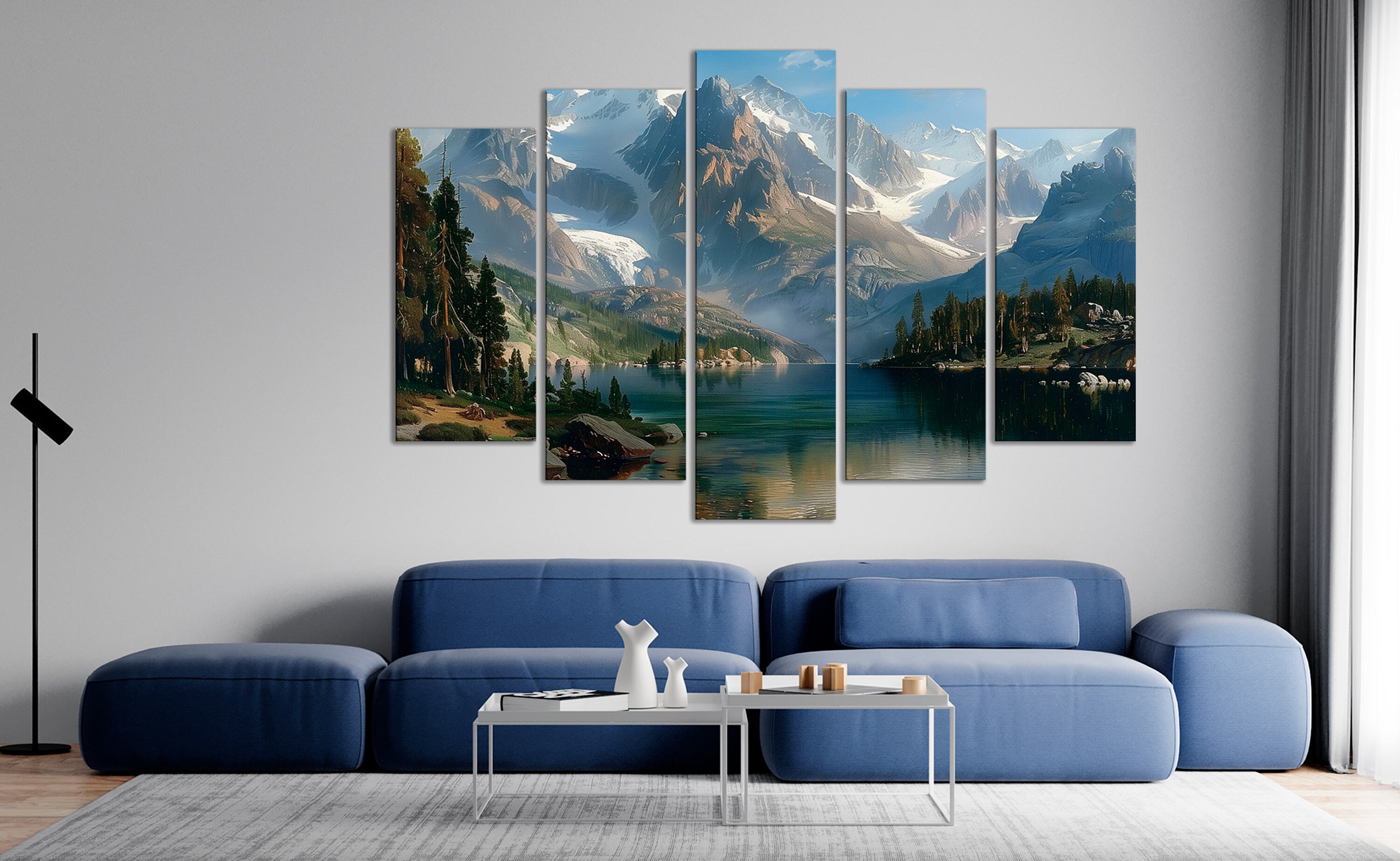 Great Blue Mountain Lake Landscape Illustration Canvas Print Coniferous ...