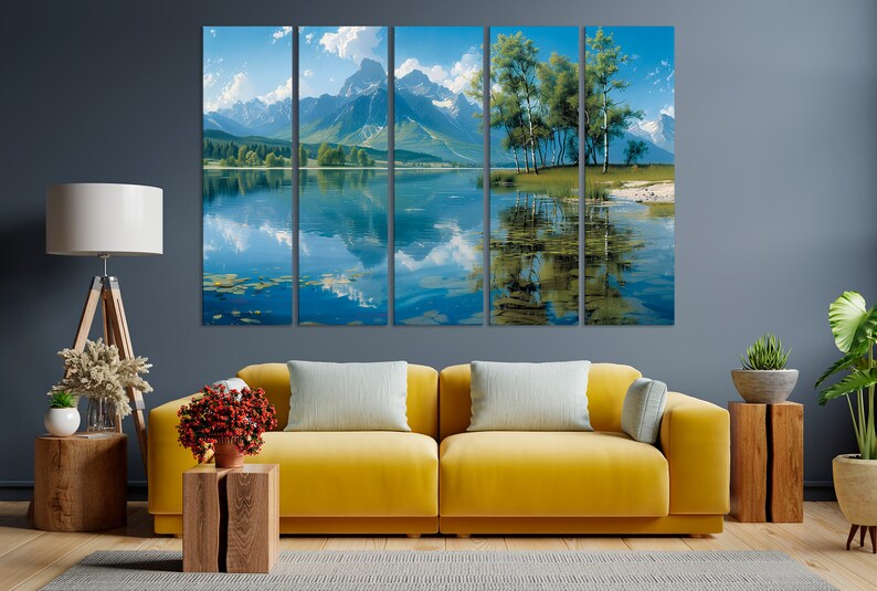 Blue Mountain Lake Landscape Illustration Canvas Print Mountains Print ...