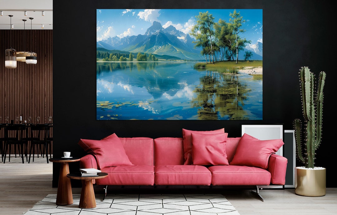 Blue Mountain Lake Landscape Illustration Canvas Print Mountains Print ...