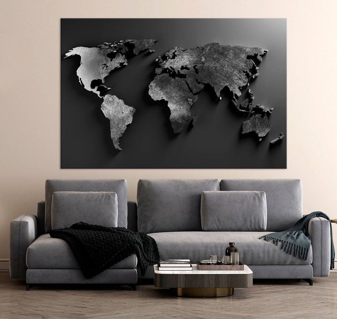 Black Map Canvas Print World Map Wall Art Black Print Black Silver ...